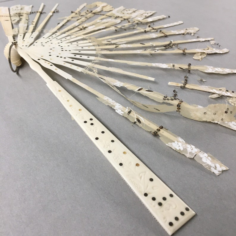 1900s Antique Shabby Folding Hand Fan, Carved Bone Sticks/guards Silver ...