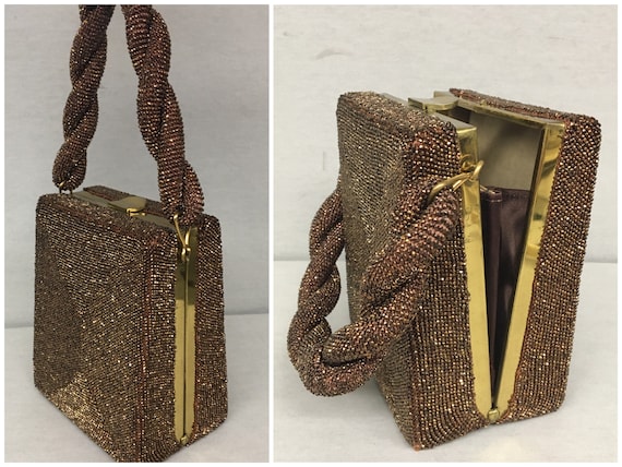 1940s Copper Beaded handbag, gold tone metal hard fra… - Gem