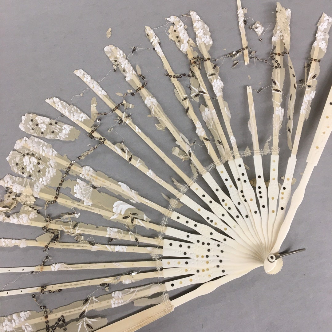 1900s Antique Shabby Folding Hand Fan, Carved Bone Sticks/guards Silver ...
