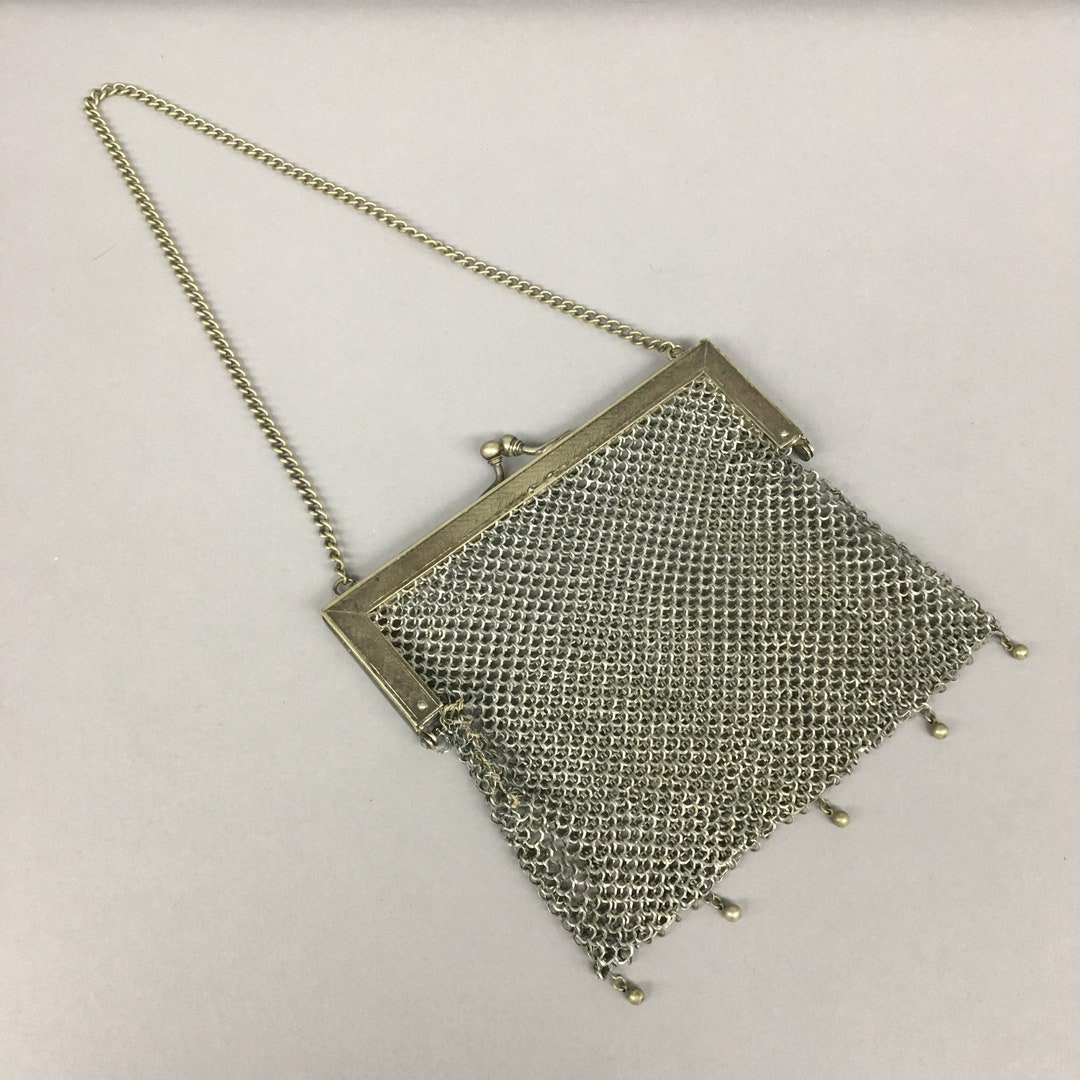 Antique Silver Metal Chainmail Evening Handbag for the Wrist, Made in ...