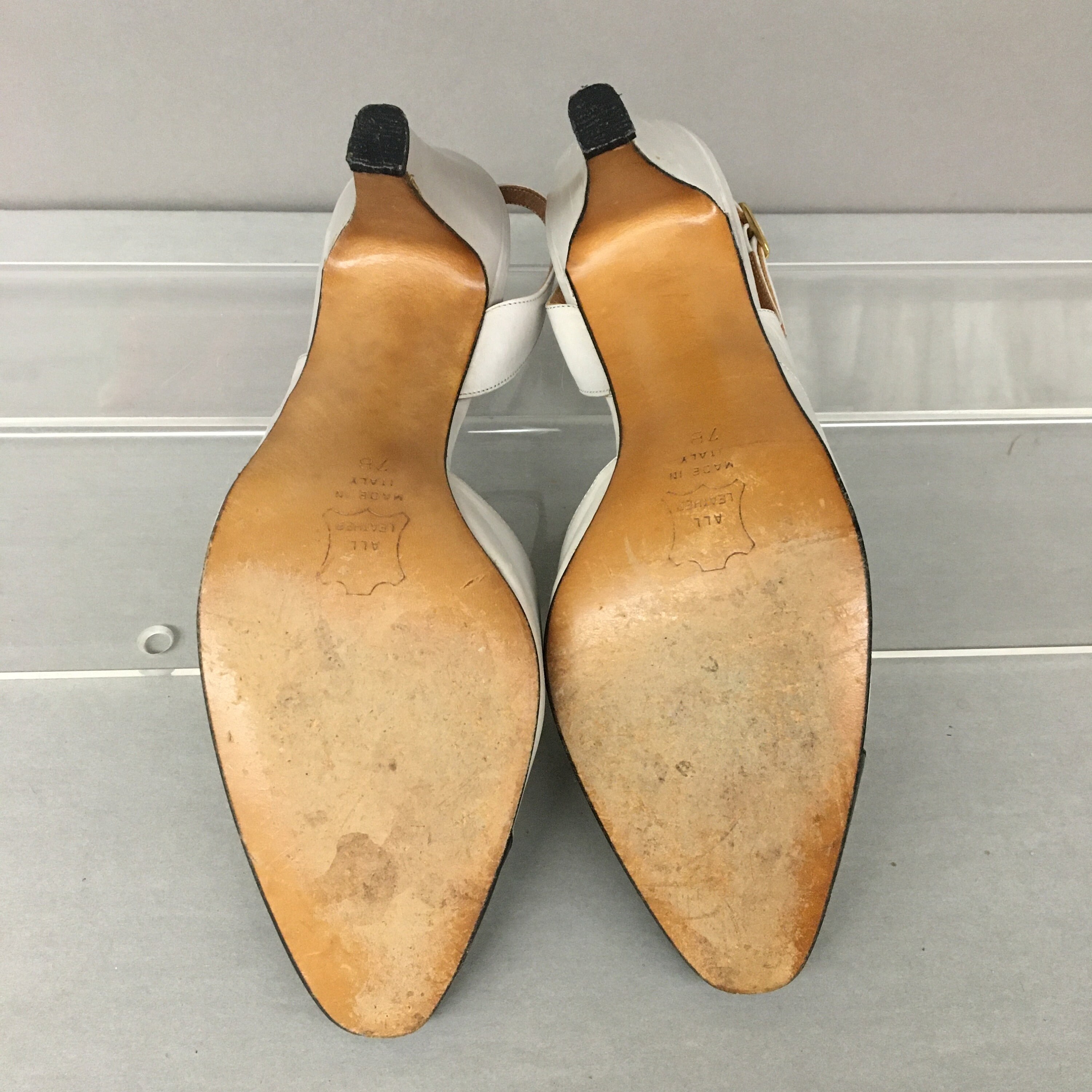 1980s 7B Evins Black Beige Leather Spectator Slingback Heels, Made in ...