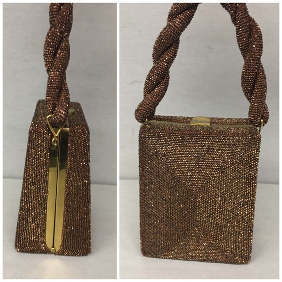 1940s Copper Beaded handbag, gold tone metal hard fra… - Gem