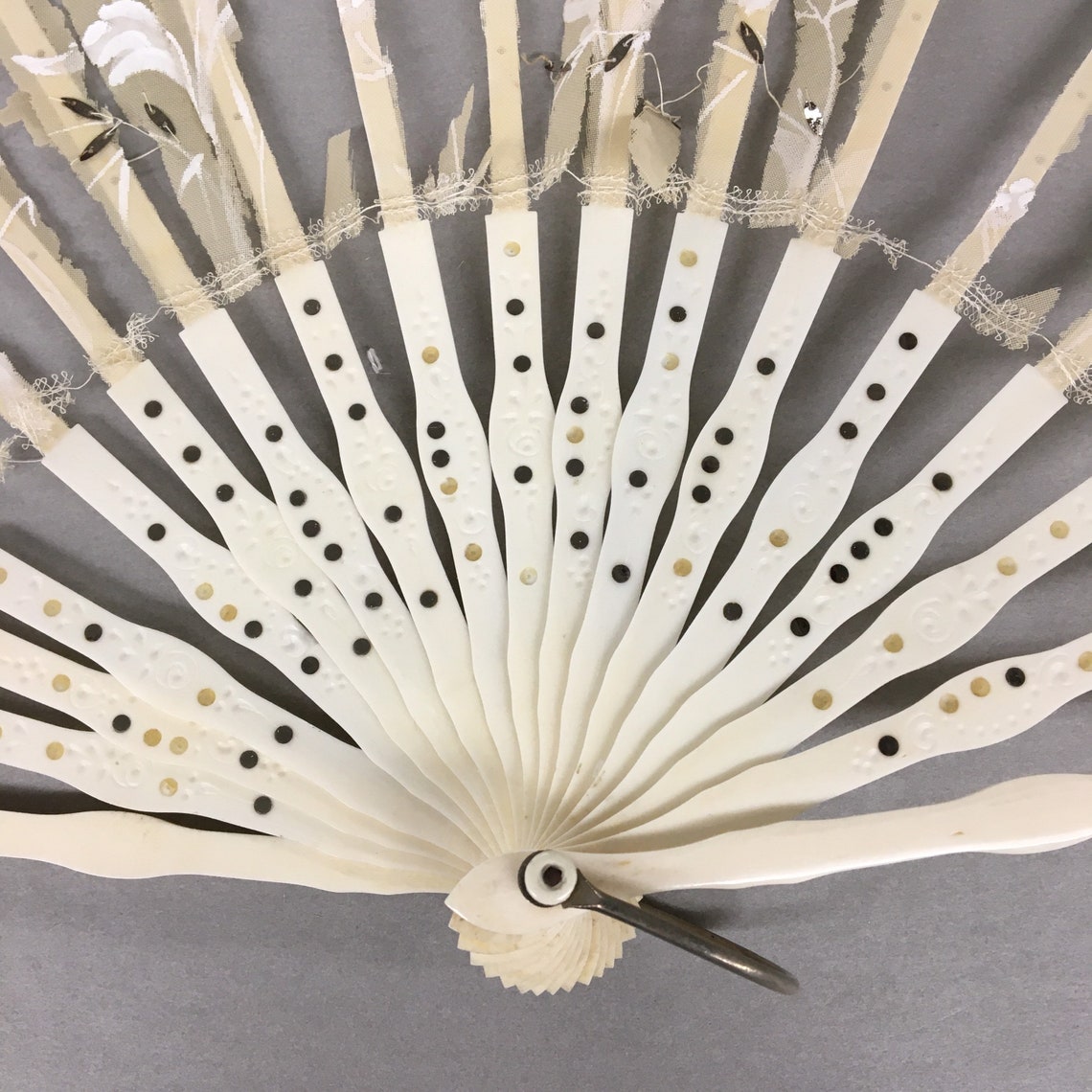 1900s Antique Shabby Folding Hand Fan, Carved Bone Sticks/guards Silver ...