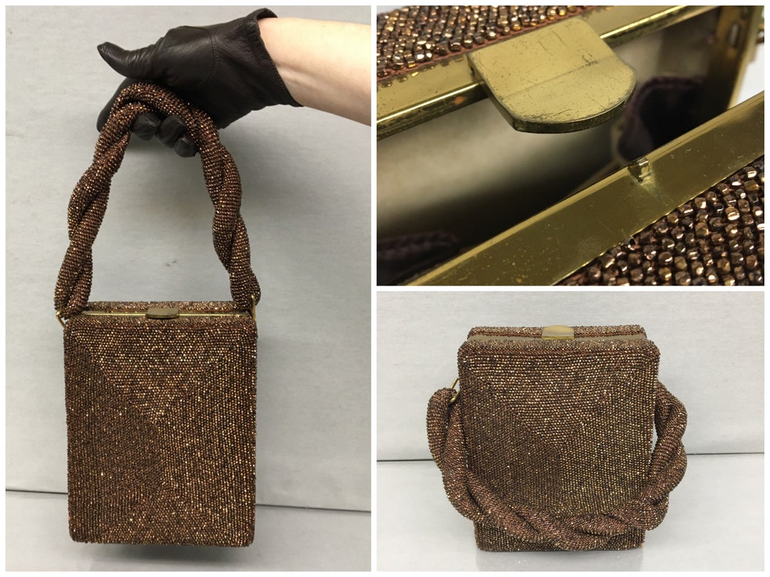 1940s Copper Beaded Handbag, Gold Tone Metal Hard Frame Purse, Soft ...