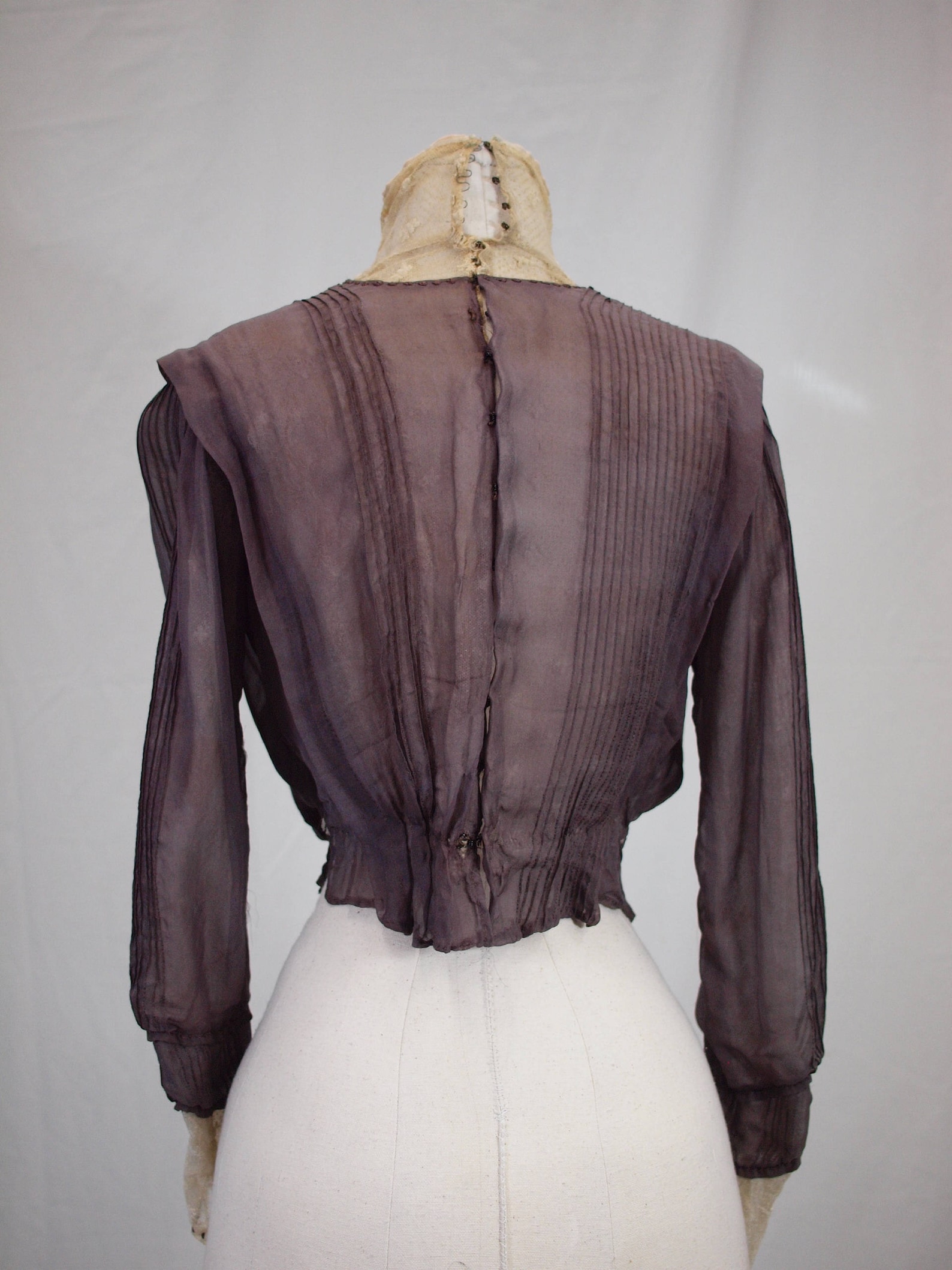 1900s XXS Victorian Hi Neck Shirtwaist, Gray Silk Vintage Blouse With ...