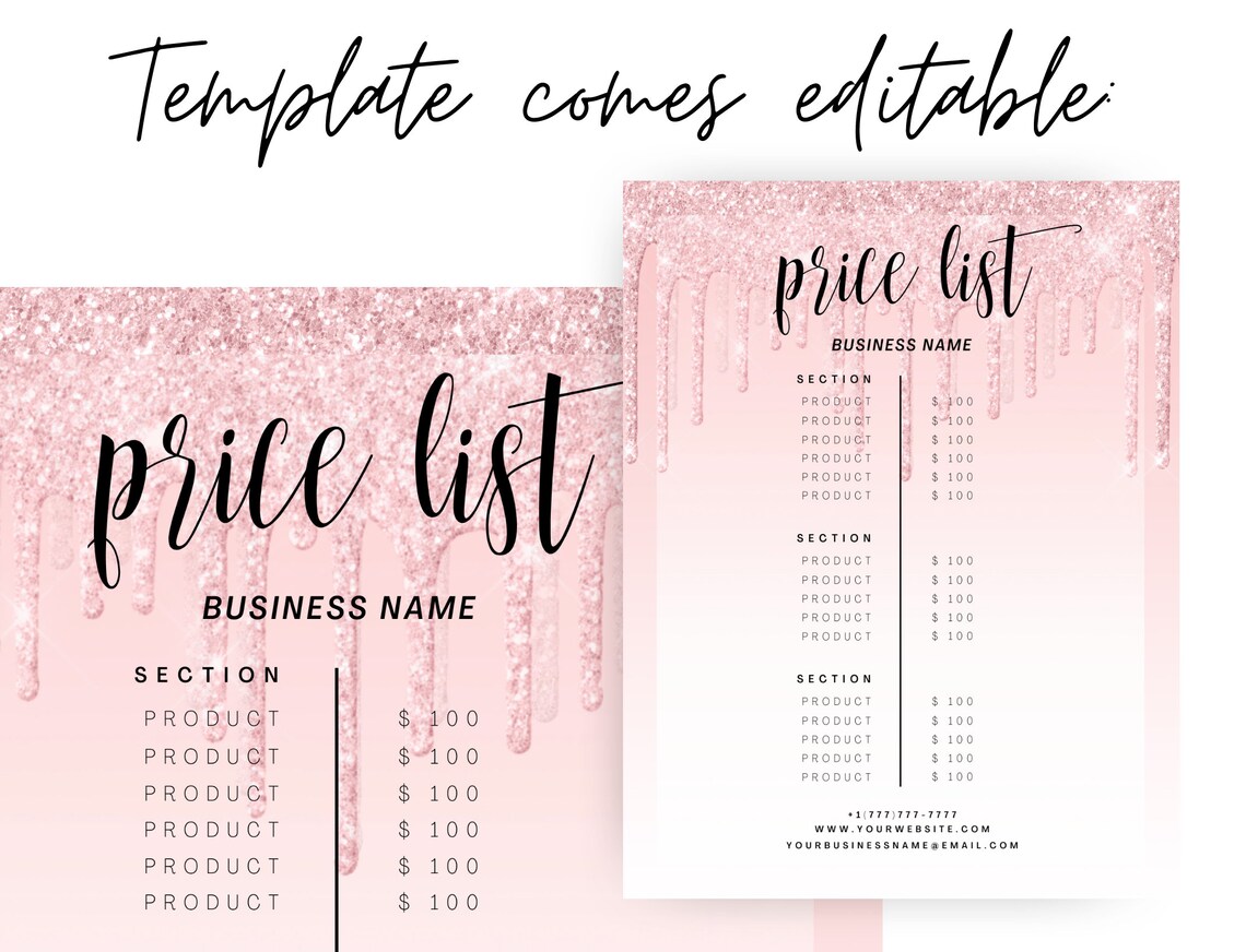 Pink Drip Glitter Price List Template Makeup Price List Hair - Etsy