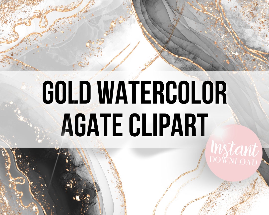 Black/white/gold Watercolor Agate Clipart: Digital PNG Clip Art Geode ...