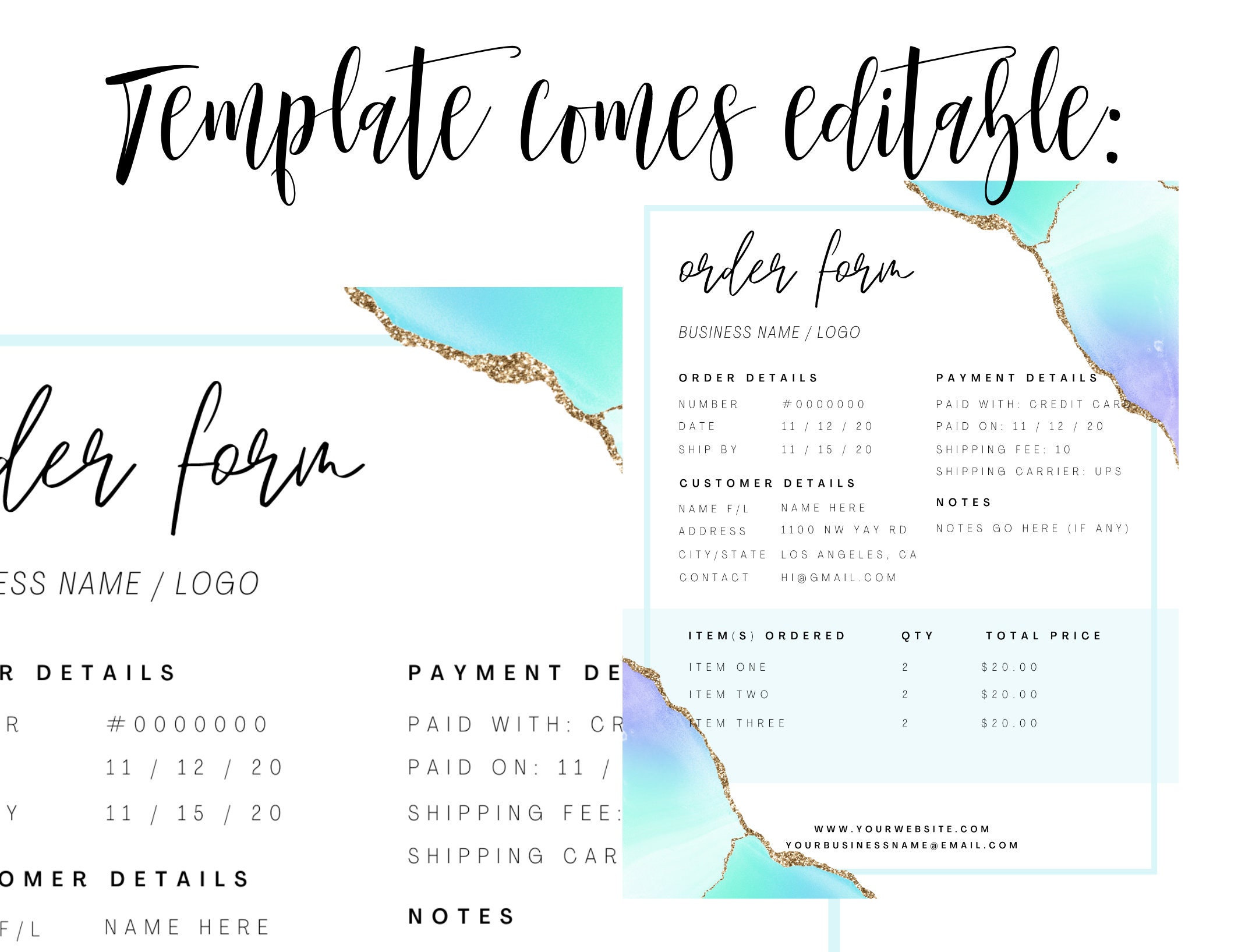 ORDER FORM Template, Watercolor Editable Etsy Order Form, Printable ...