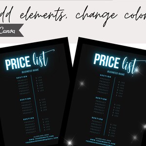 DIY Editable Neon Price List Template, Blue and Black Makeup Price List ...