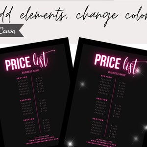 DIY Editable Neon Price List Template, Pink and Black Makeup Price List ...