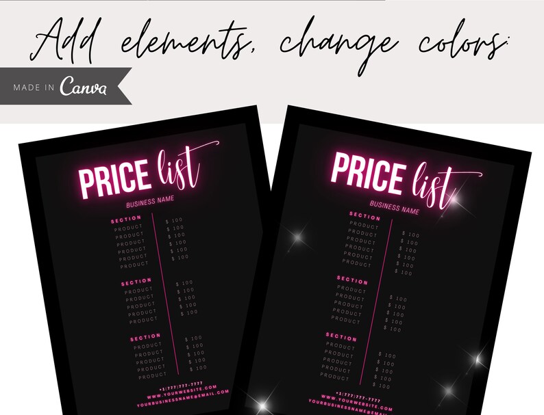 DIY Editable Neon Price List Template, Pink and Black Makeup Price List ...