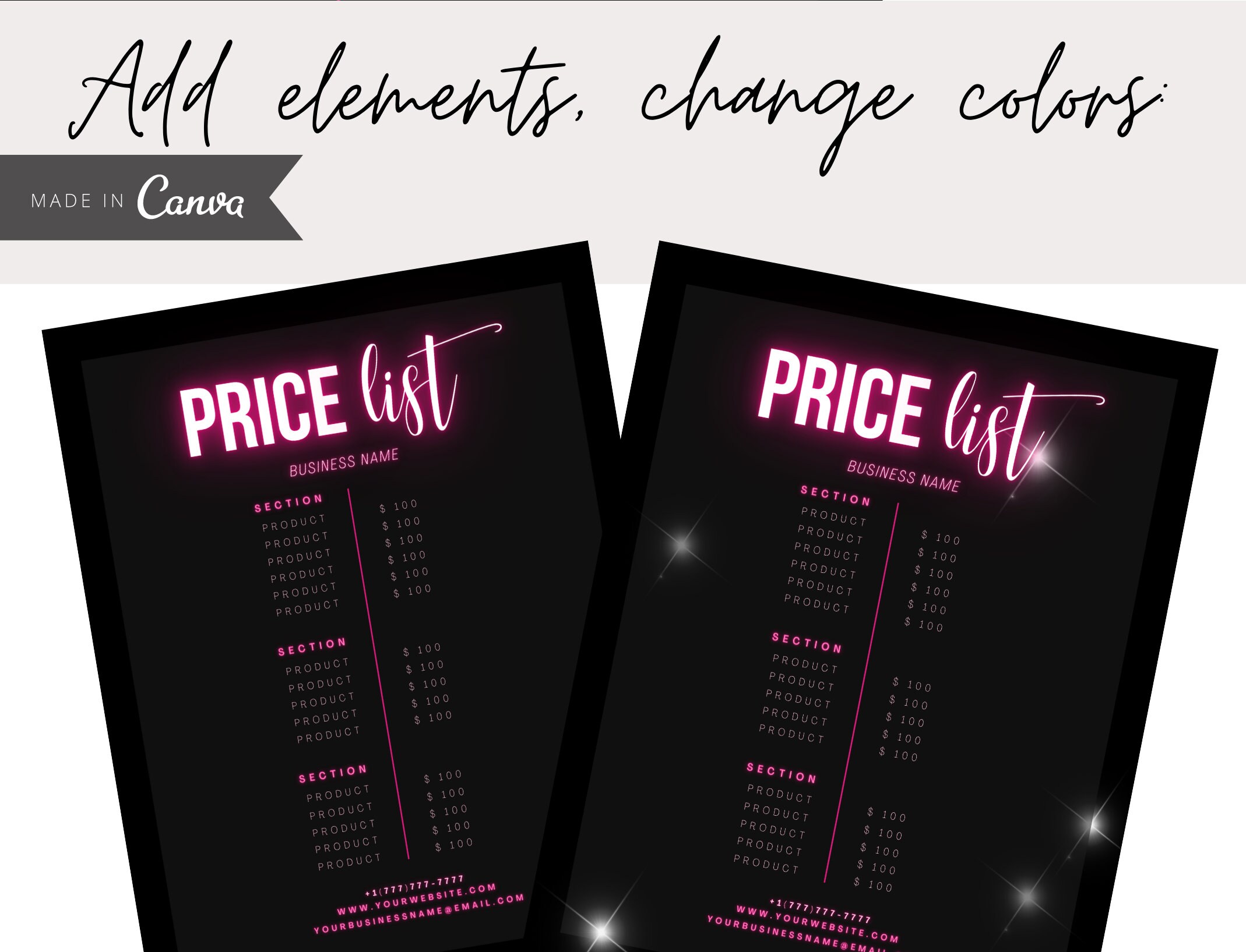 DIY Editable Neon Price List Template Pink and Black Makeup | Etsy