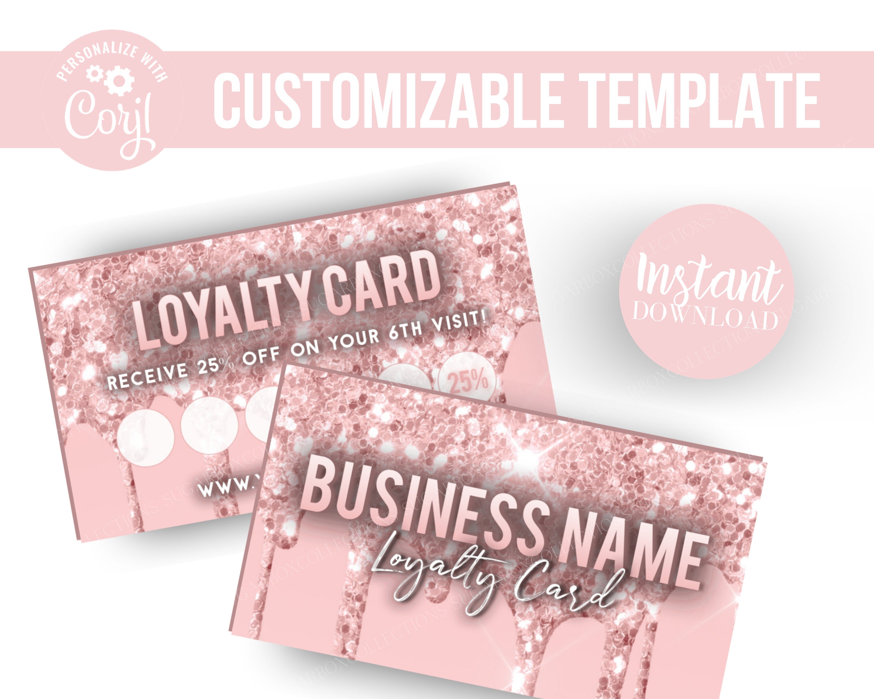 Printable PINK GLITTER DRIP Loyalty Card, Loyalty Card Template ...