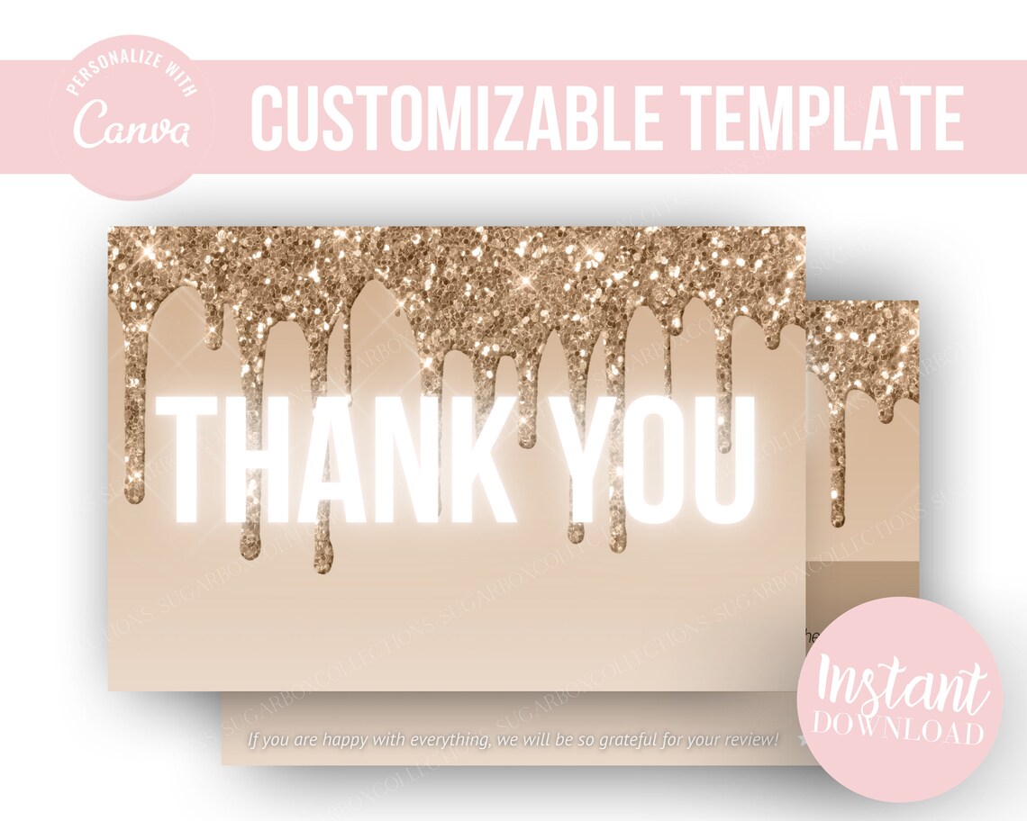DIY DRIP GLITTER Neon Thank You Card Template Gold, Glam Editable Thank ...