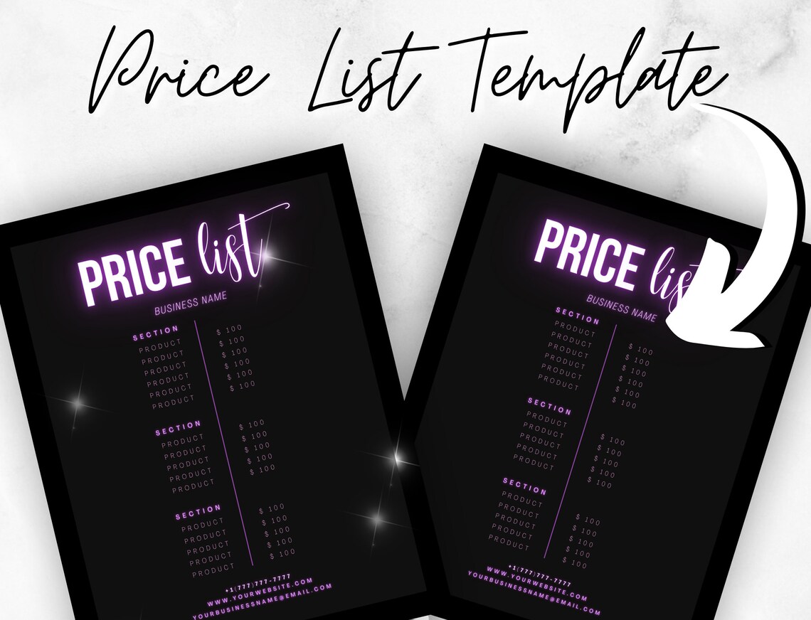 DIY Editable Neon Price List Template, Purple and Black Makeup Price ...