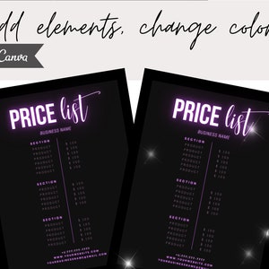 DIY Editable Neon Price List Template, Purple and Black Makeup Price ...