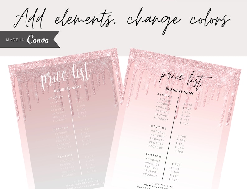 Pink Drip Glitter Price List Template Makeup Price List Hair - Etsy