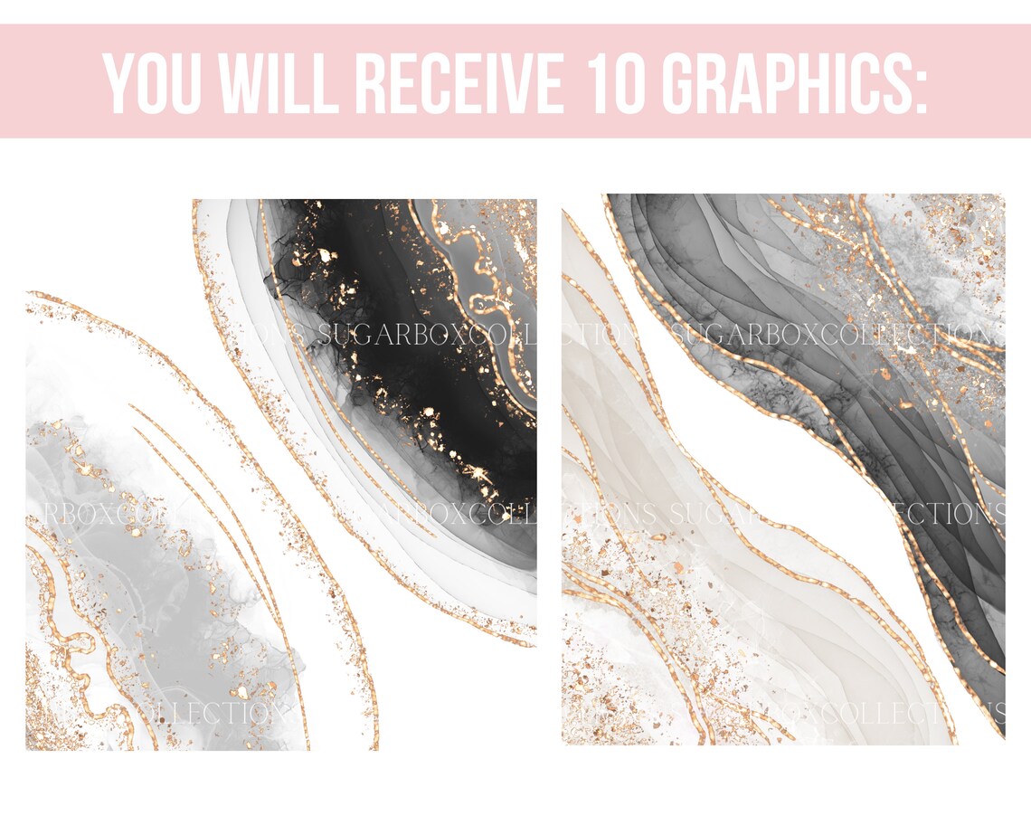 Black/white/gold Watercolor Agate Clipart: Digital PNG Clip - Etsy
