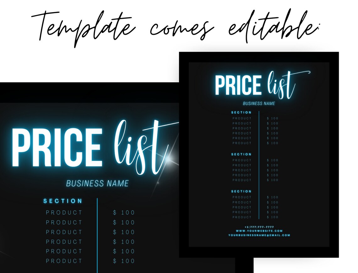 DIY Editable Neon Price List Template Blue and Black Makeup - Etsy