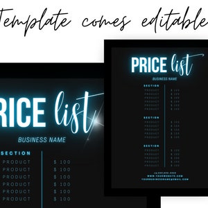 DIY Editable Neon Price List Template, Blue and Black Makeup Price List ...