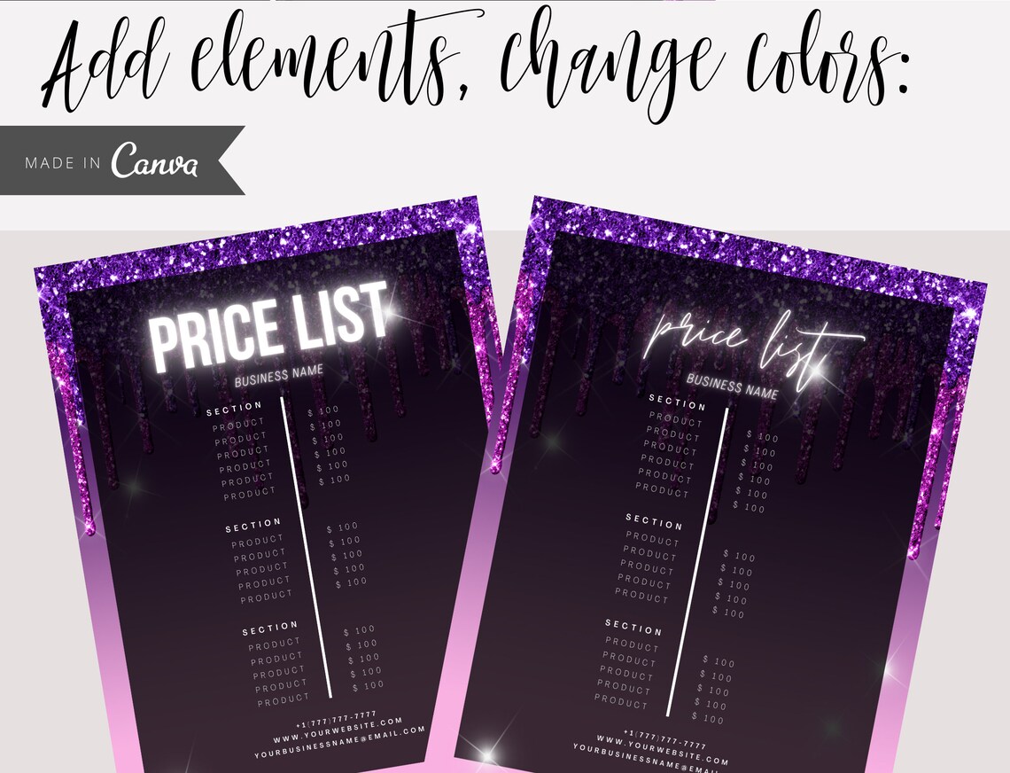 Drip Glitter Neon Price List Template Makeup Price List Hair | Etsy