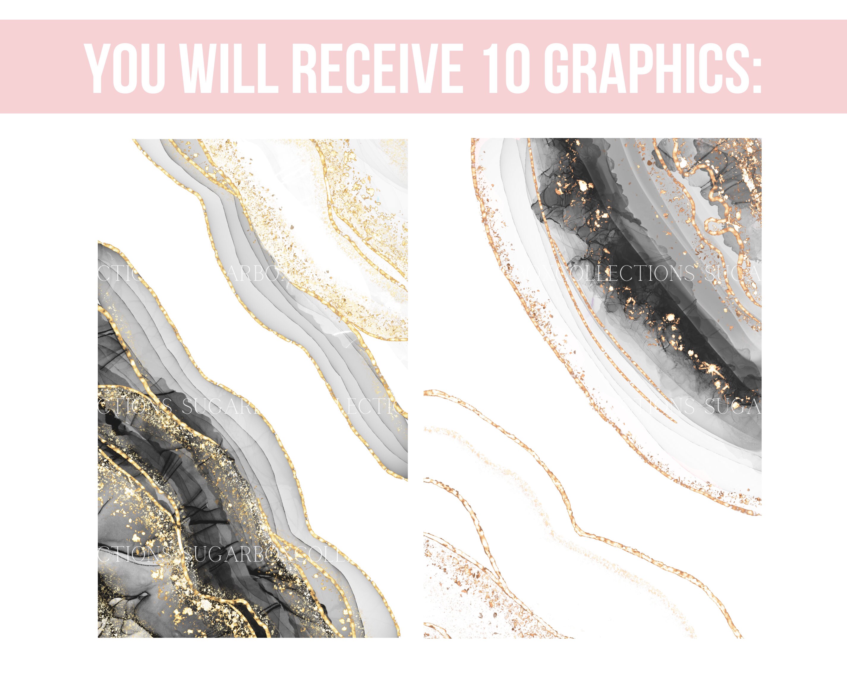 Black/white/gold Watercolor Agate Clipart: Digital PNG Clip - Etsy