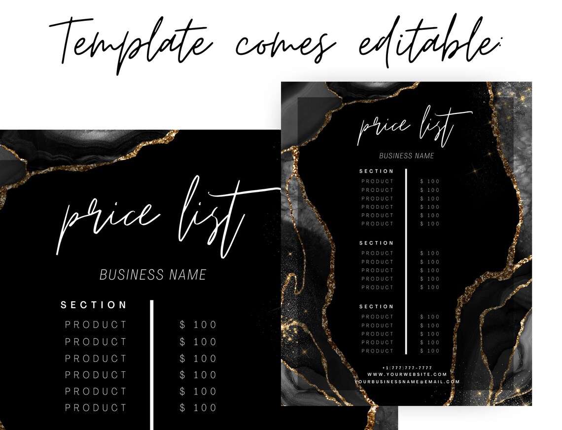Black and Gold Price List Template for Makeup, Hair, Photography, Spa ...