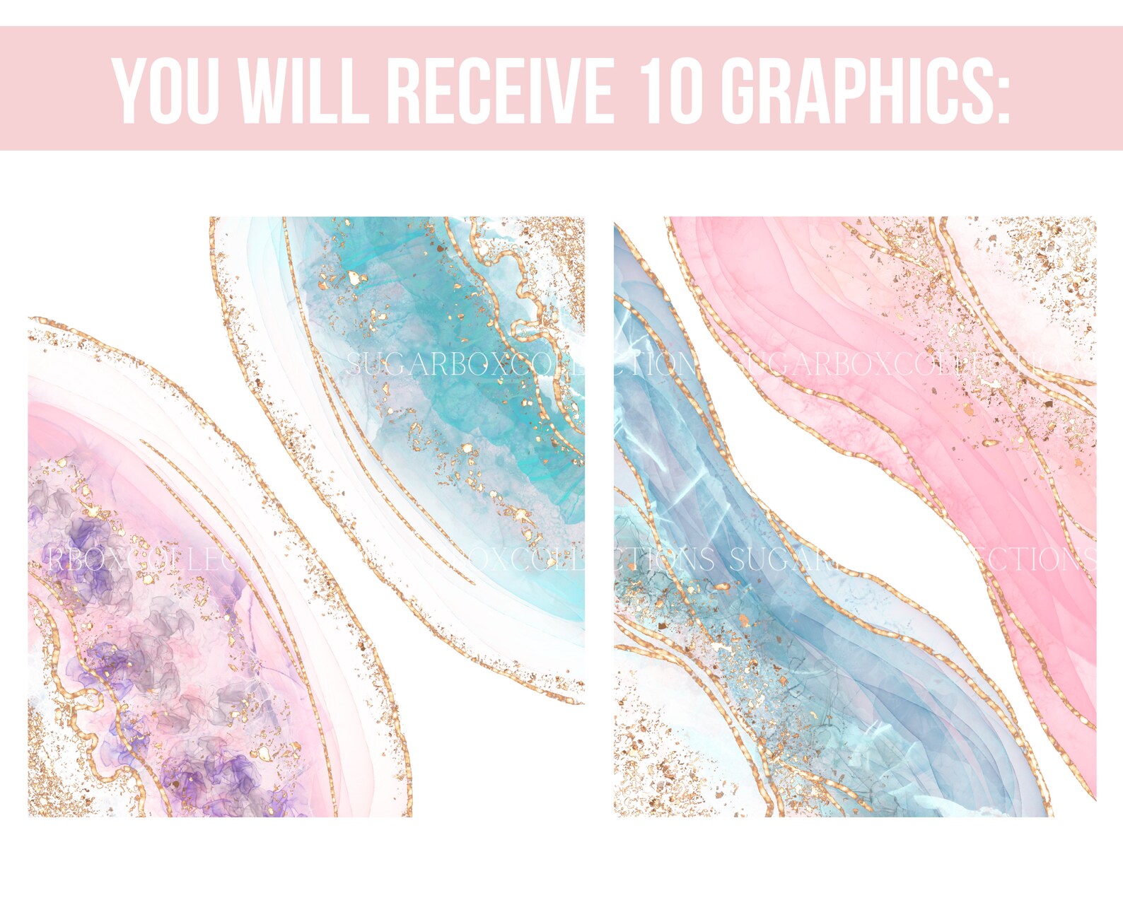 Pink/blue/gold Watercolor Agate Clipart: Digital PNG Clip Art Geode ...