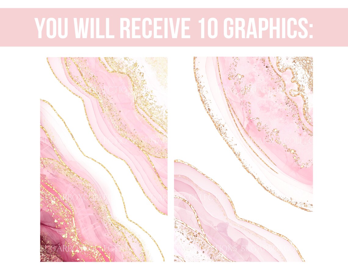 Pink/gold Watercolor Agate Clipart: Digital PNG Clip Art Geode, Crystal ...