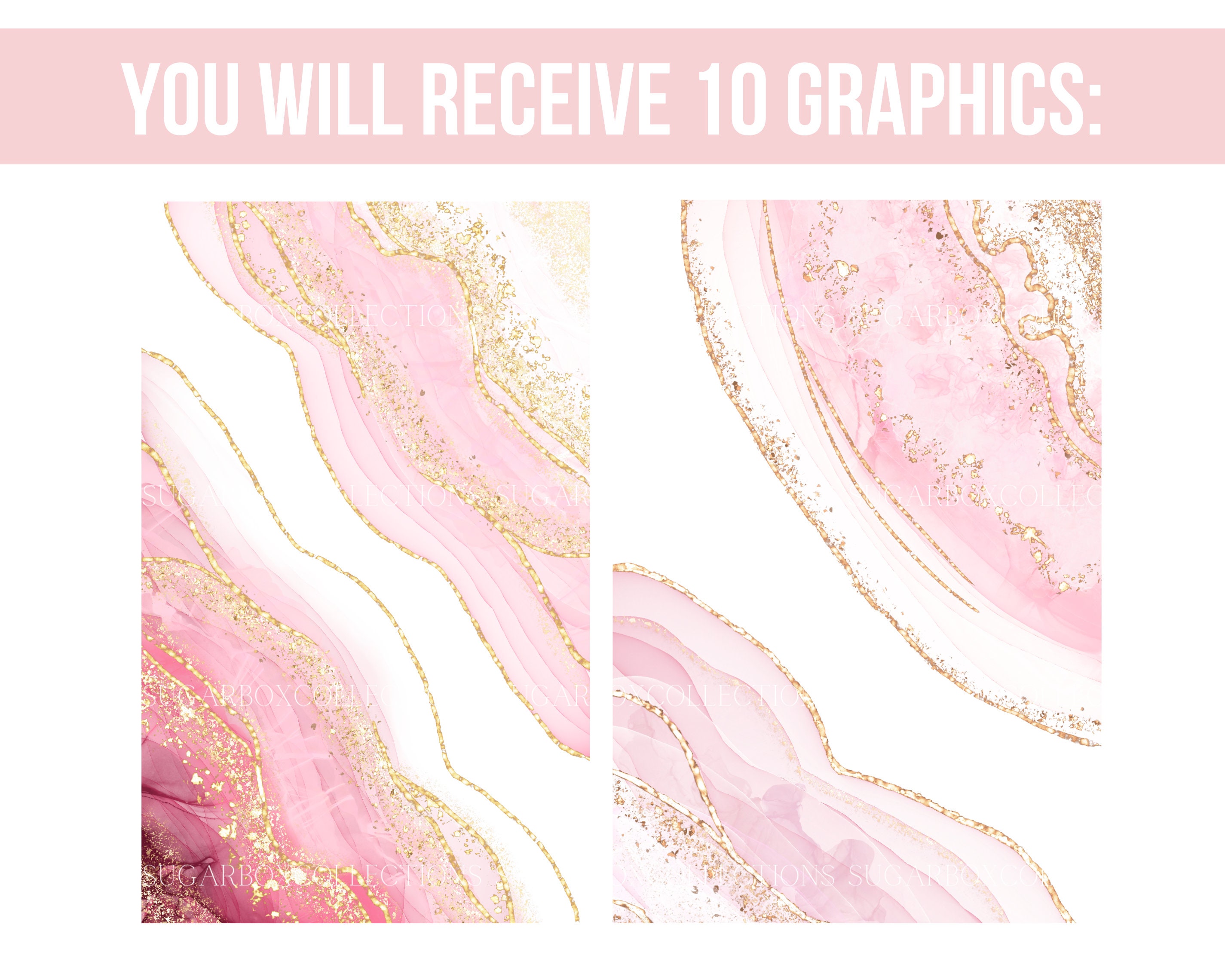 Pink/gold Watercolor Agate Clipart: Digital PNG Clip Art Geode, Crystal ...
