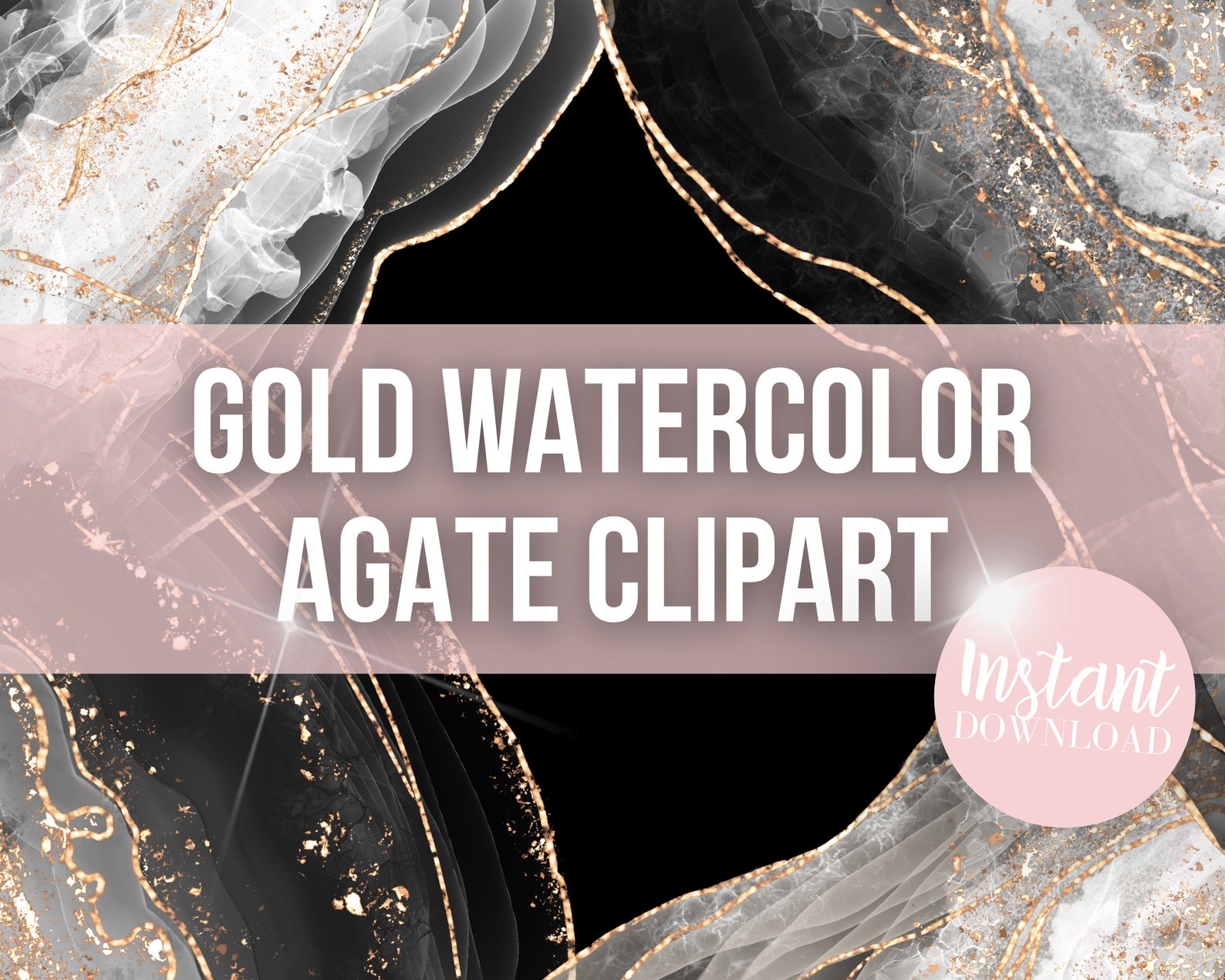 Black/white/gold Watercolor Agate Clipart: Digital PNG Clip Art Geode ...