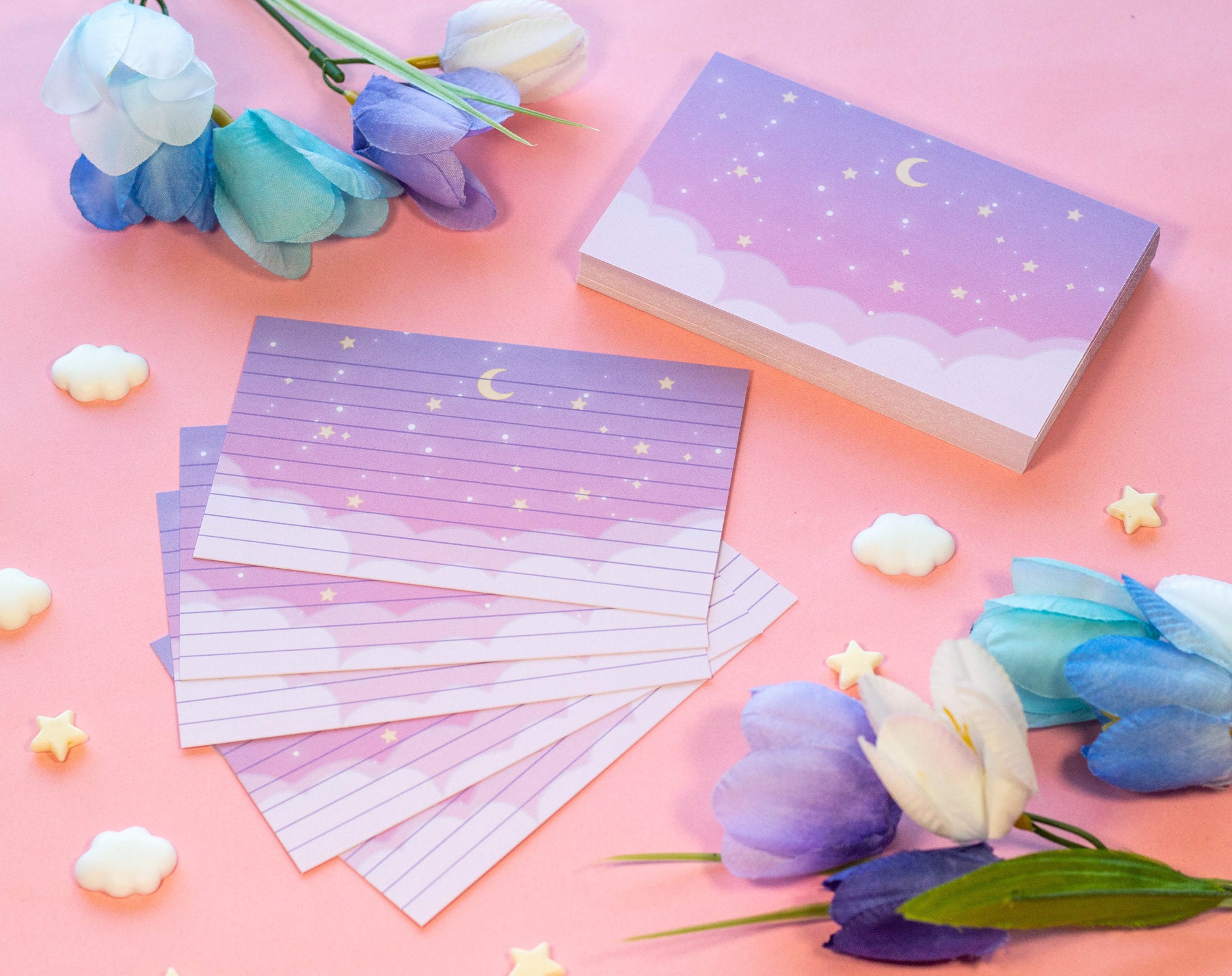 Starry Clouds Note Cards | Kawaii Aesthetic Stationery Index Note Cards ...