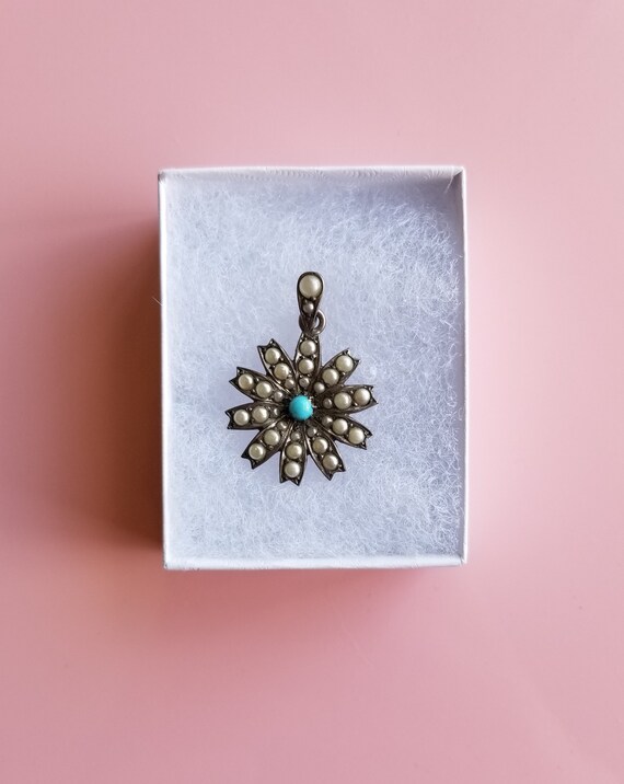 Antique Edwardian Sterling Silver Seed Pearl & Turquo… - Gem