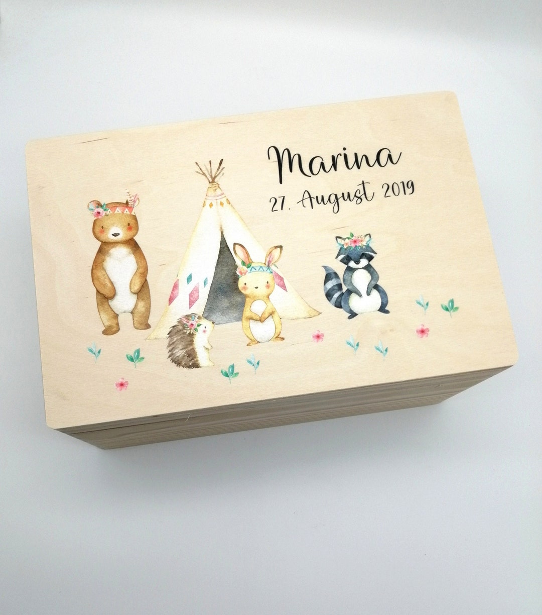 Baby Memory Box With Name boho Forest Animals Date of Birth Memory Box ...