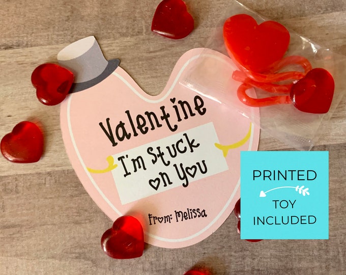 Personalized and Printed Stuck on You Valentines Cards, Sticky Toy ...