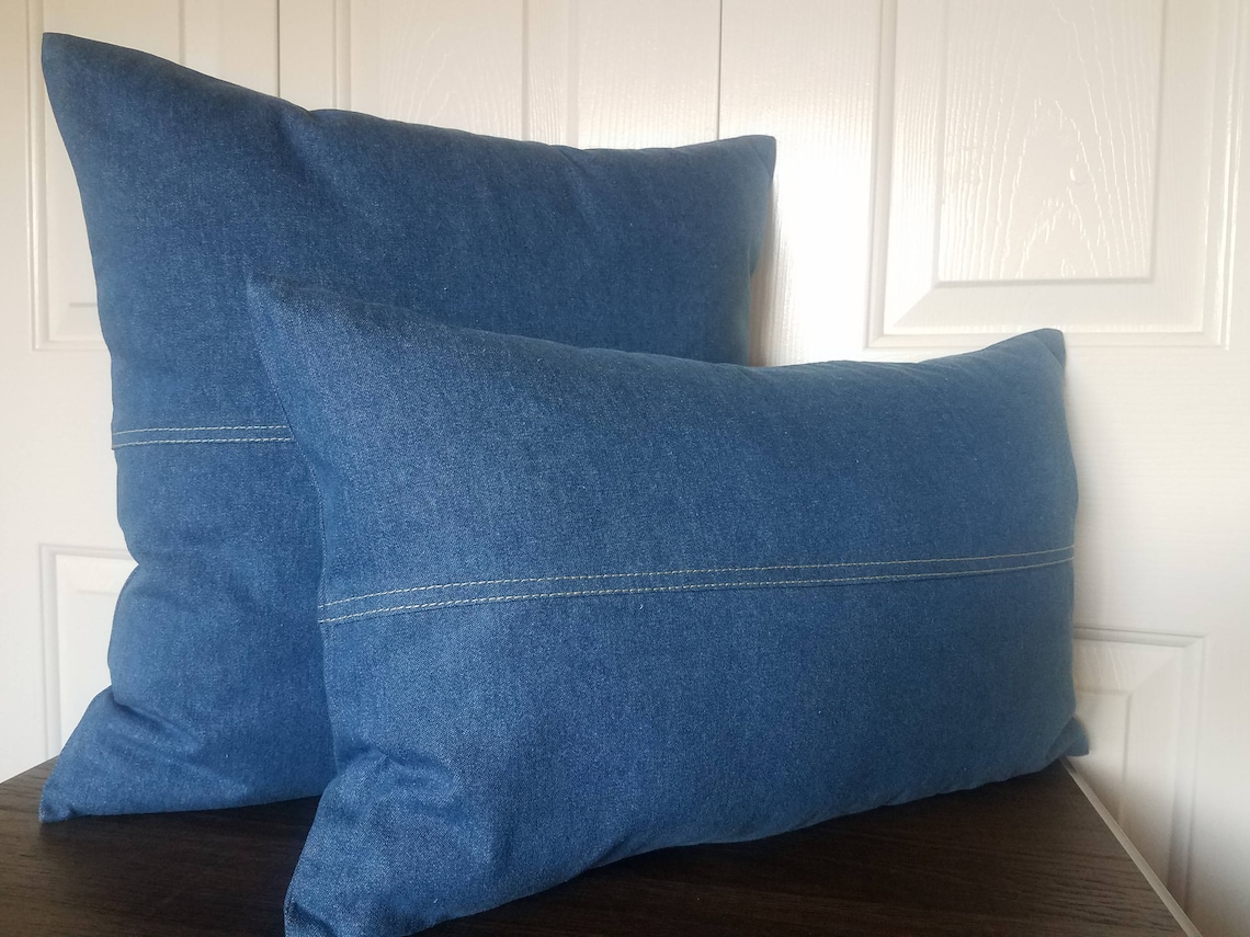 Denim pillow cover. Blue denim pillow. Patchwork Pillow. | Etsy