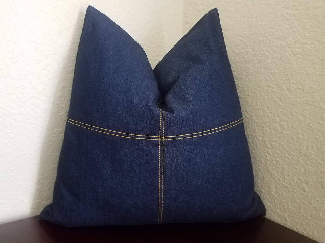 Denim Pillow Cover With Stitch Detail. Blue Denim Patchwork - Etsy