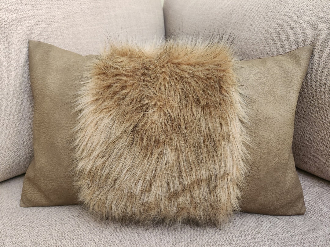 Faux Fur Wolf Pillow Cover With Faux Leather Stripes Bohemian - Etsy