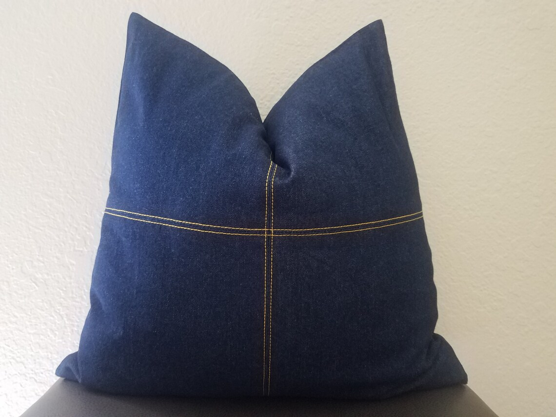 Denim Pillow Cover With Stitch Detail. Blue Denim Patchwork - Etsy