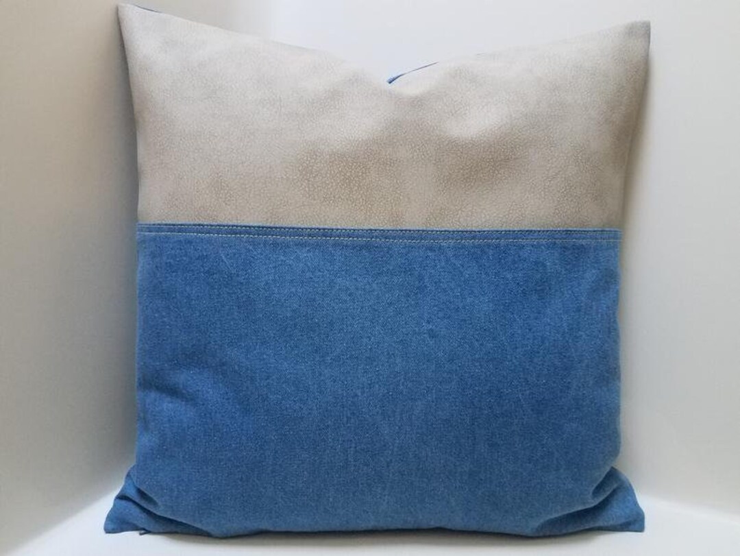Denim Patchwork Pillow Cover VARIETY SIZE Faux Leather Pillow, Color ...