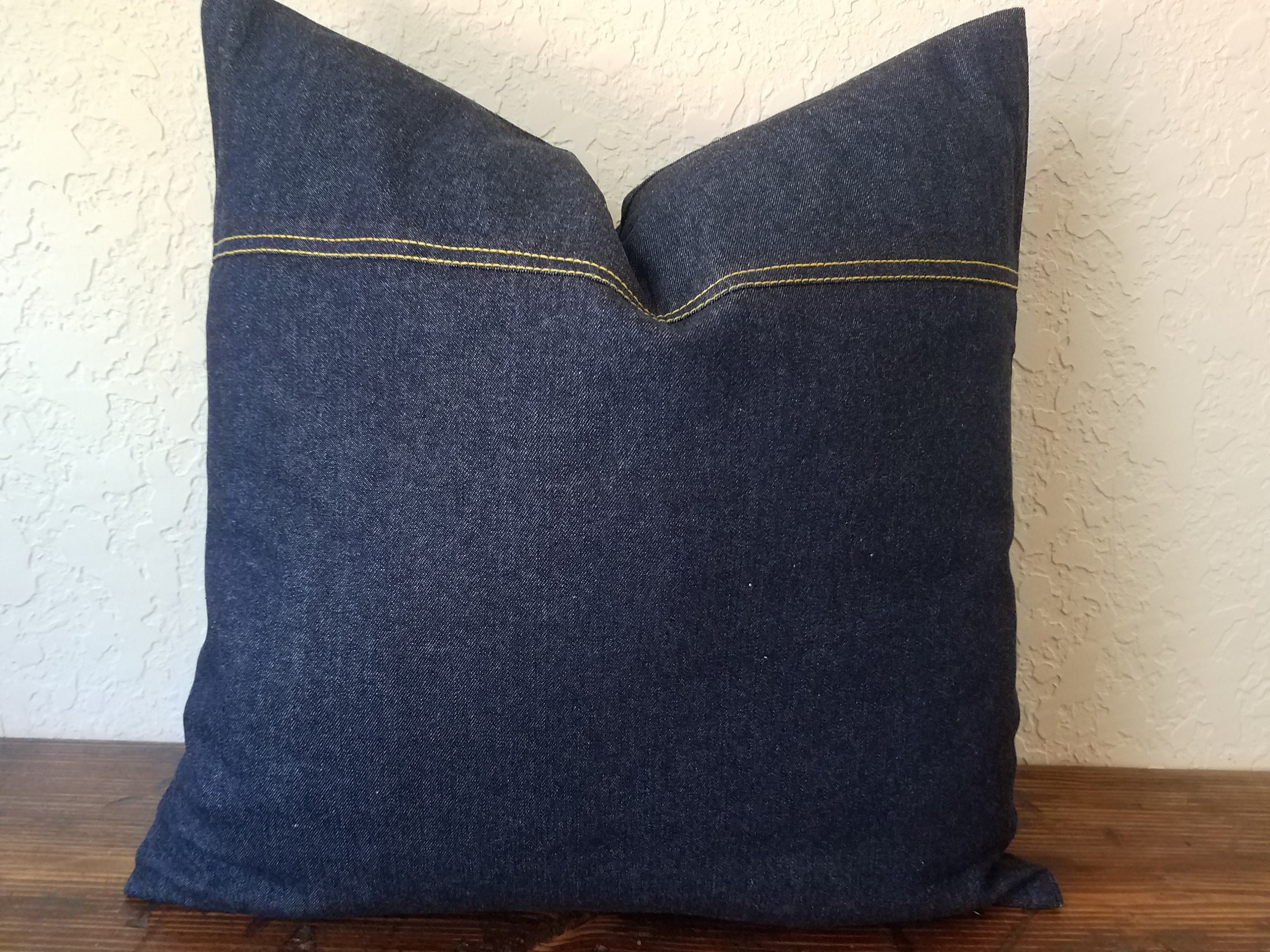 Navy Blue Denim Pillow Cover with Pockets Denim Patchwork | Etsy