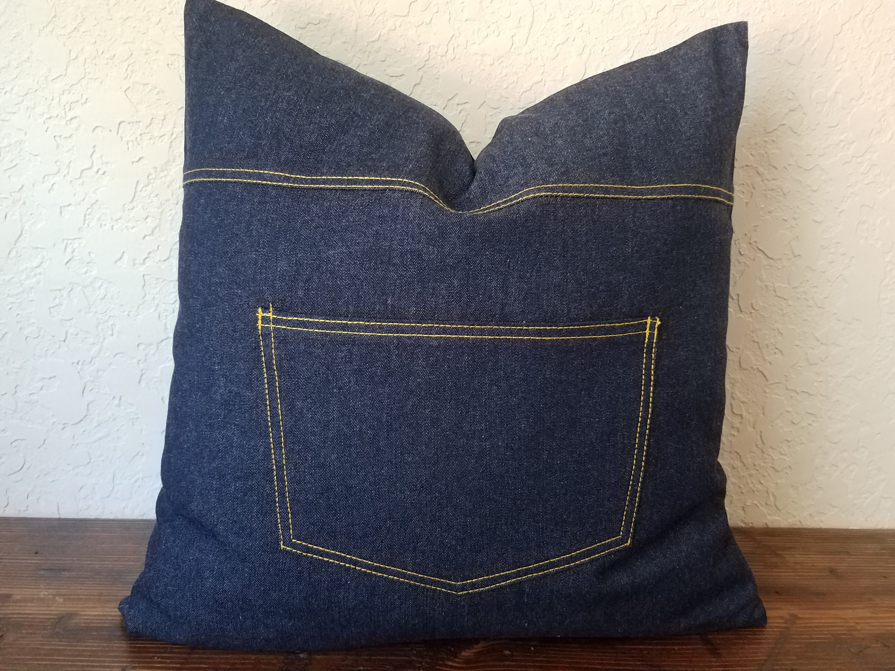 Navy Blue Denim Pillow Cover with Pockets Denim Patchwork | Etsy