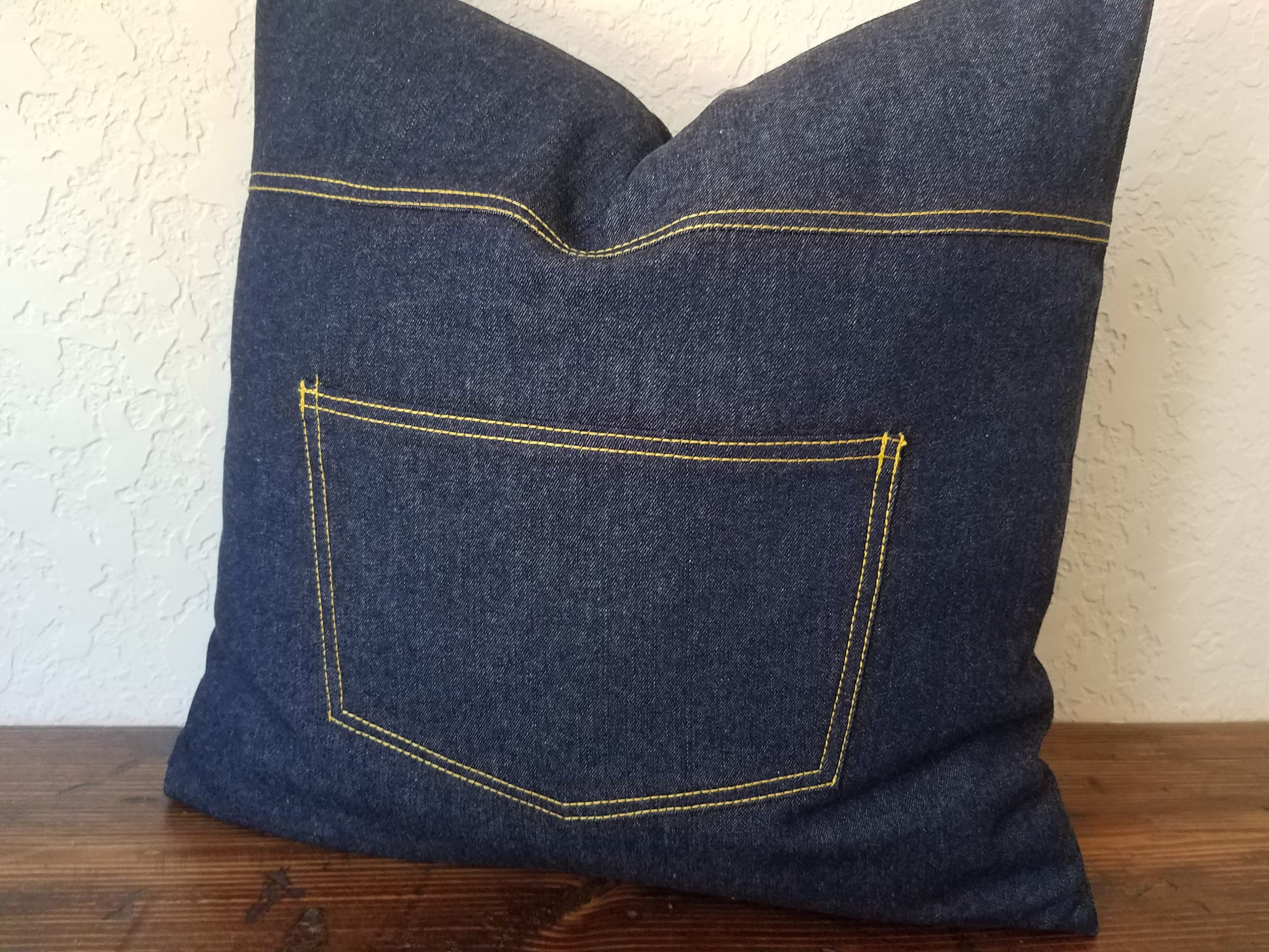 Navy Blue Denim Pillow Cover with Pockets Denim Patchwork | Etsy