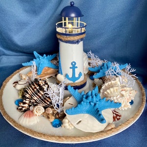 PRICE DROP! 8" Lighthouse & Shells Nautical Centerpiece With Blue ...