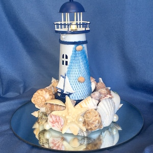 Beach Centerpiece Shells and LED Lighthouse With or Without 10” Mirror ...