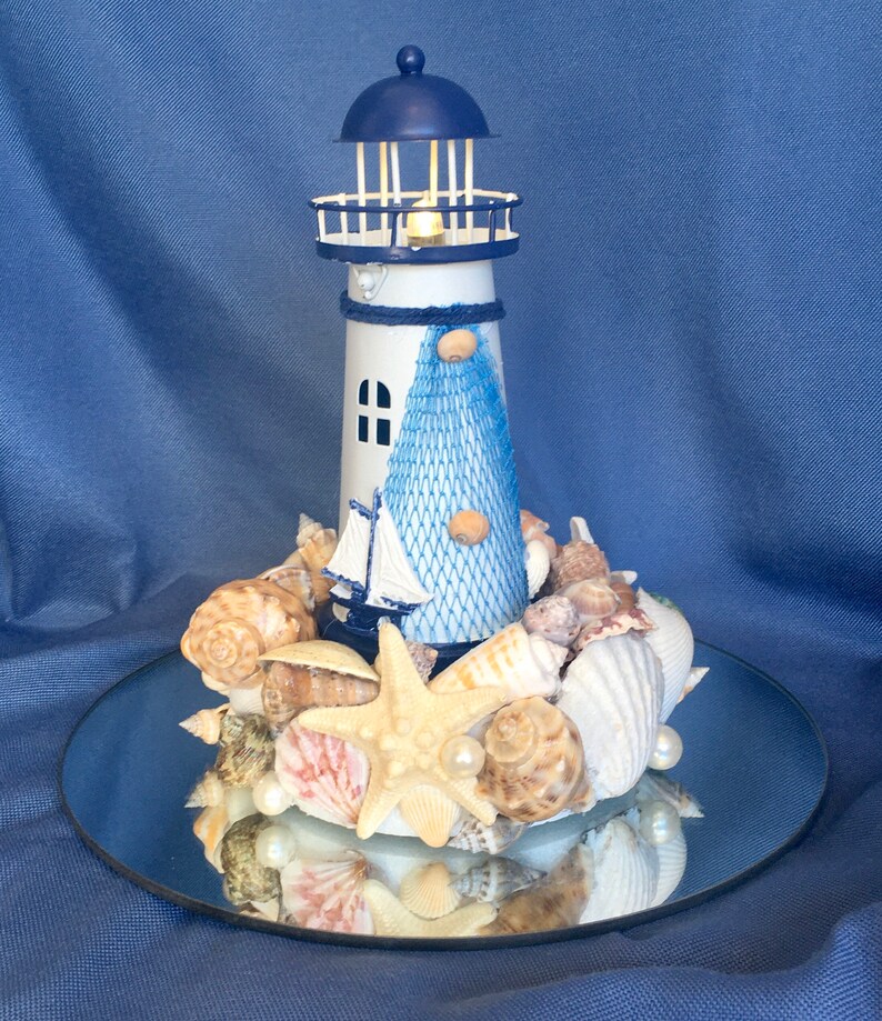 Beach Centerpiece Shells and LED Lighthouse With or Without 10” Mirror ...