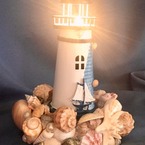 Beach Centerpiece Shells and LED Lighthouse With or Without 10” Mirror ...