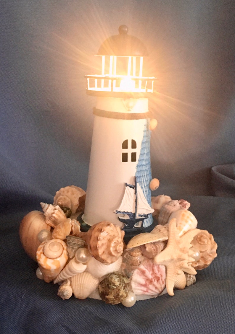 Beach Centerpiece Shells and LED Lighthouse With or Without 10” Mirror ...