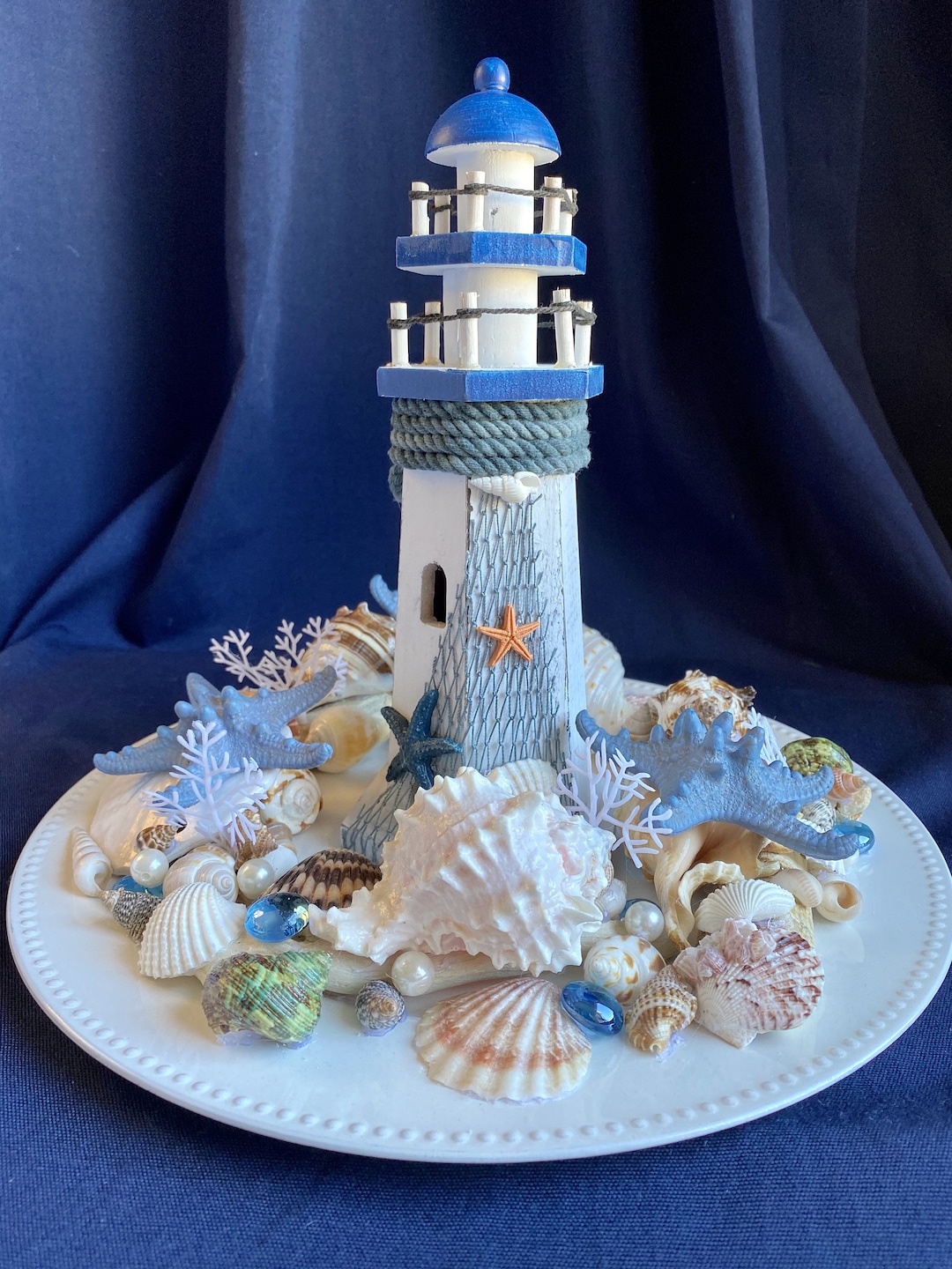 Tall Wood Lighthouse Centerpiece W/ Shells, Slate Blue Starfish ...