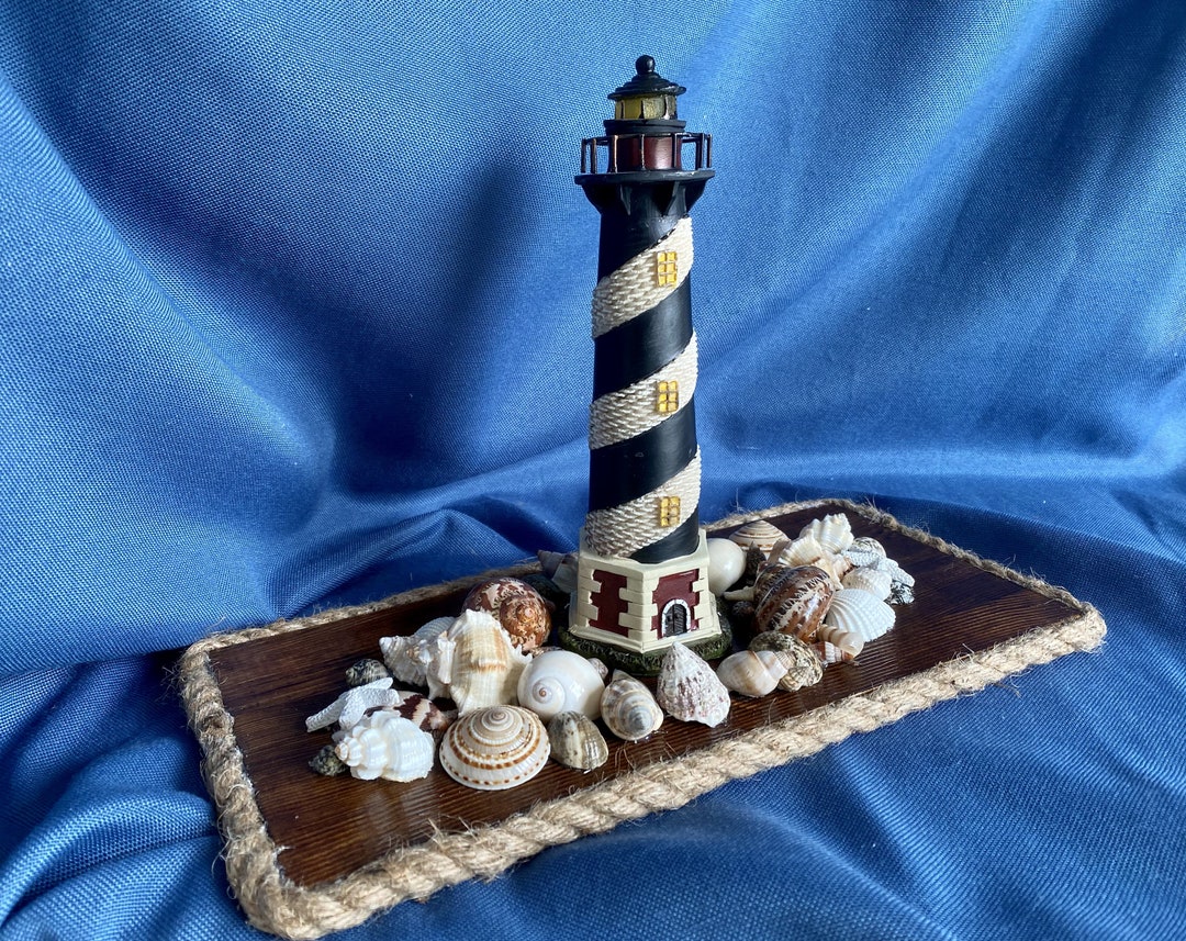 NEW Elegant Lighthouse and Seashells Coastal Centerpiece on Barnboard ...